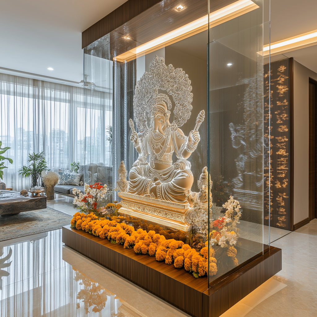 Stylish modern mandir design for home with elegant pooja unit setup