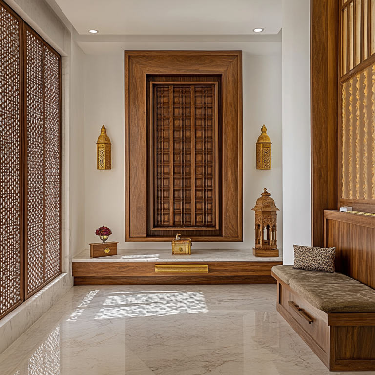 Stylish modern mandir design for home with elegant pooja unit setup
